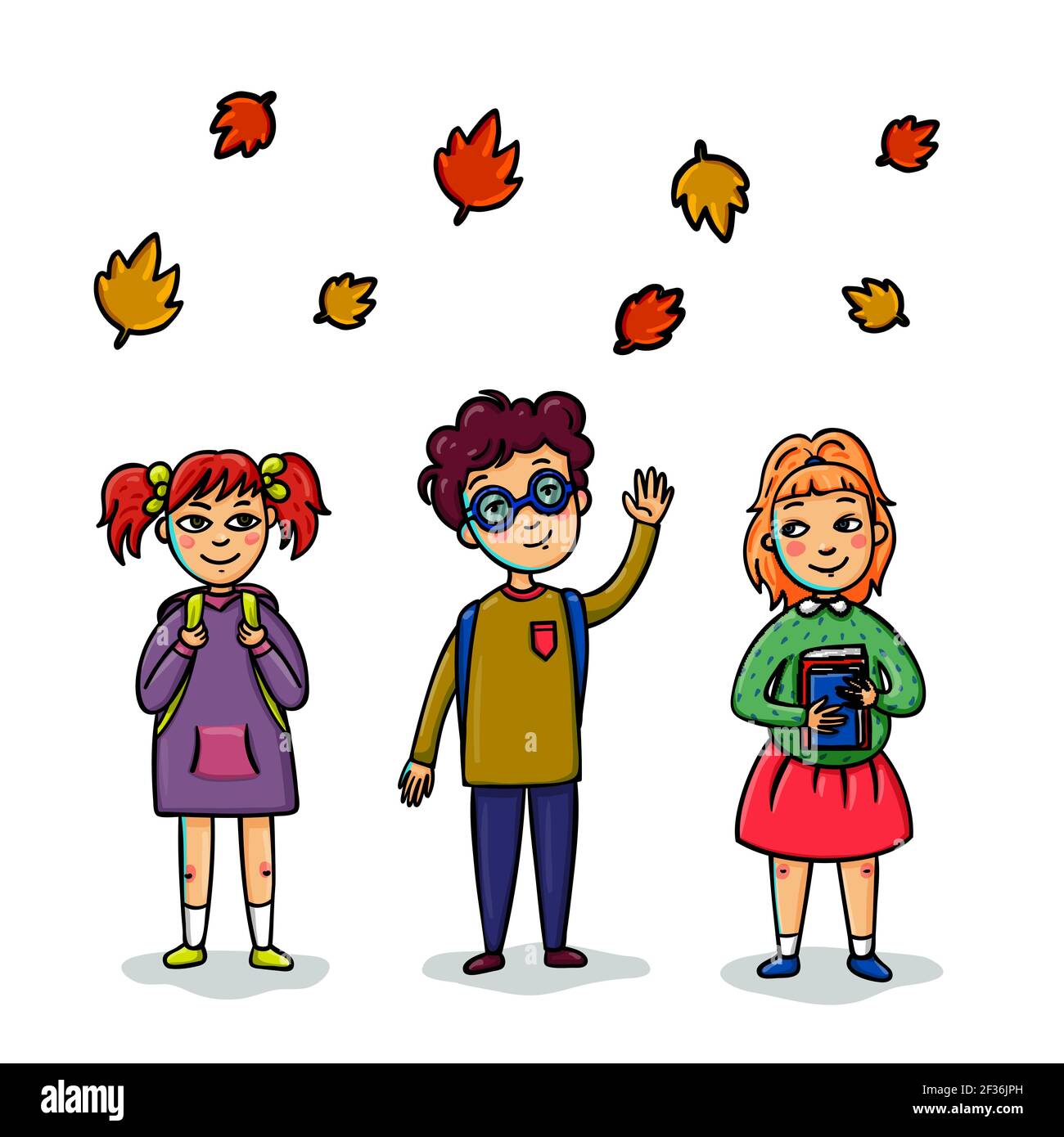 Group of pupils standing together with books and backpacks. Set of ...