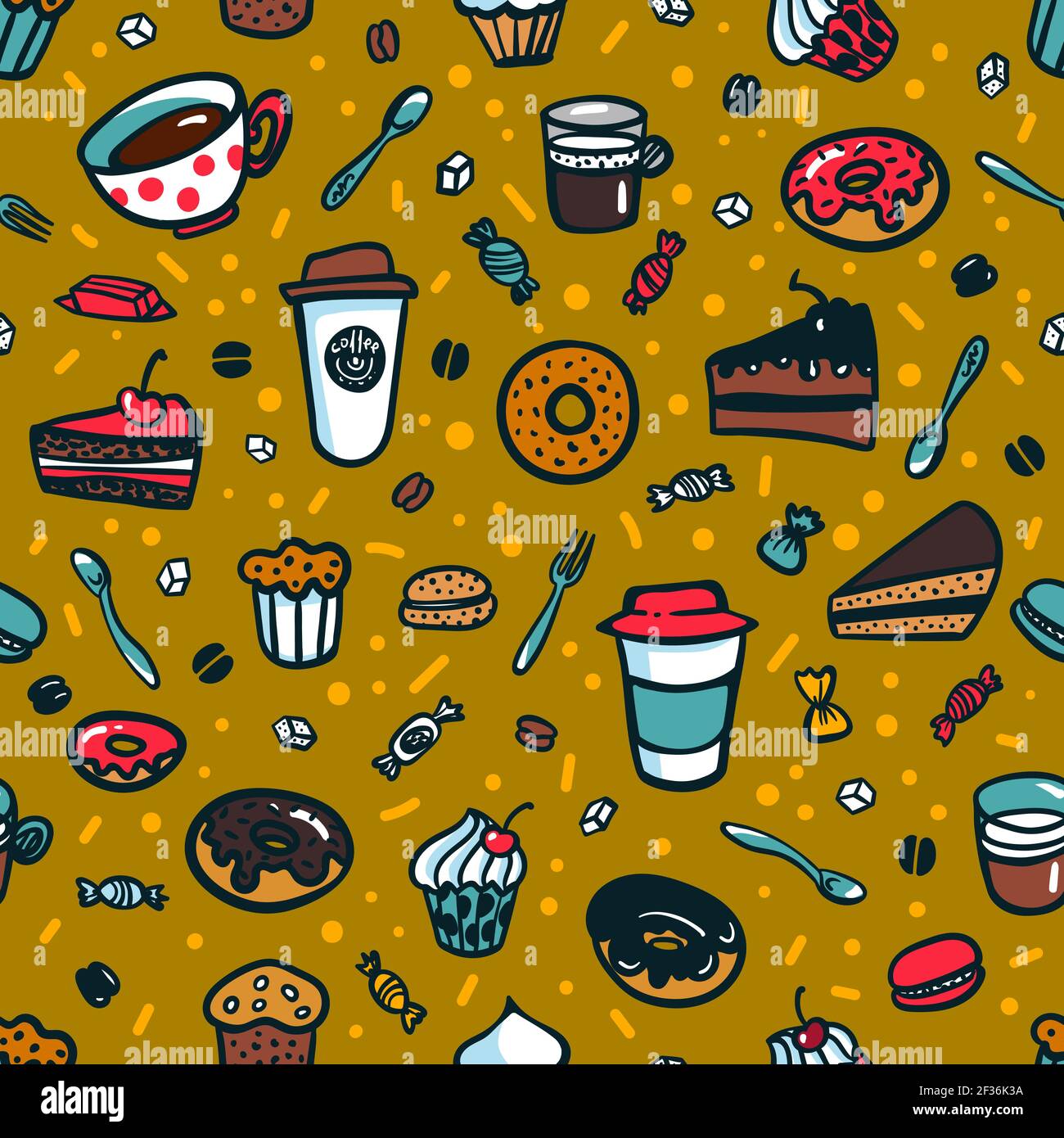 Coffee theme seamless background. Colorful doodle style set of objects ...
