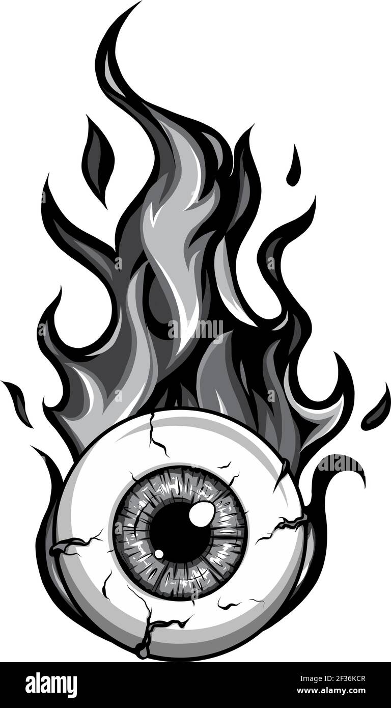monochromatic Single eyeball on fire in flames vector illustration ...
