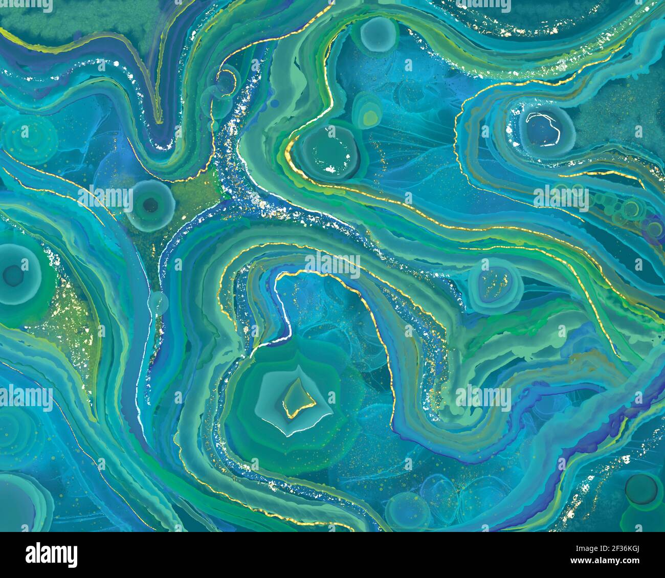 Marbled green abstract background with golden sequins. Liquid marble ...