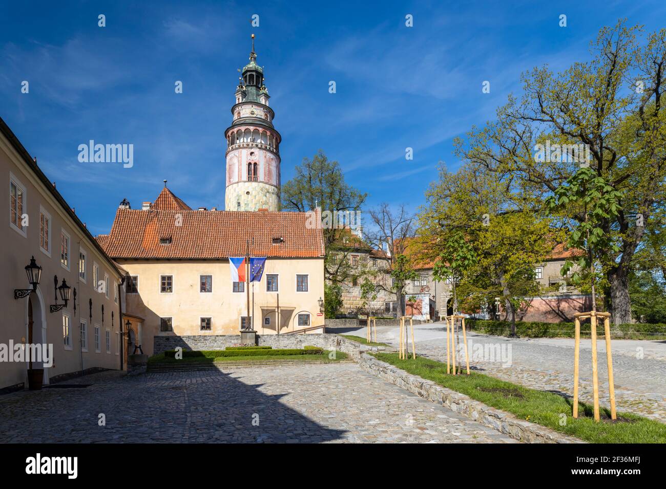View of the castle from the first courtyard in Czech Krumlov, Southern ...