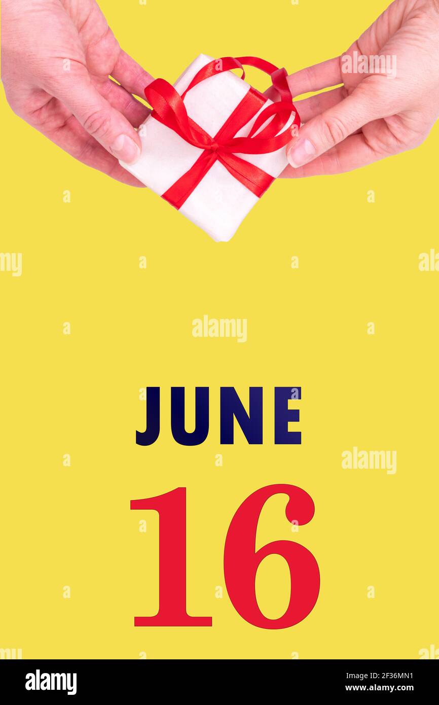 June 16th. Festive Vertical Calendar With Hands Holding White Gift Box ...