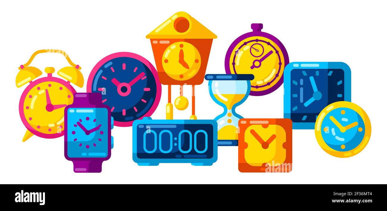 Seamless Pattern With Different Clocks Stylized Icons For Design And
