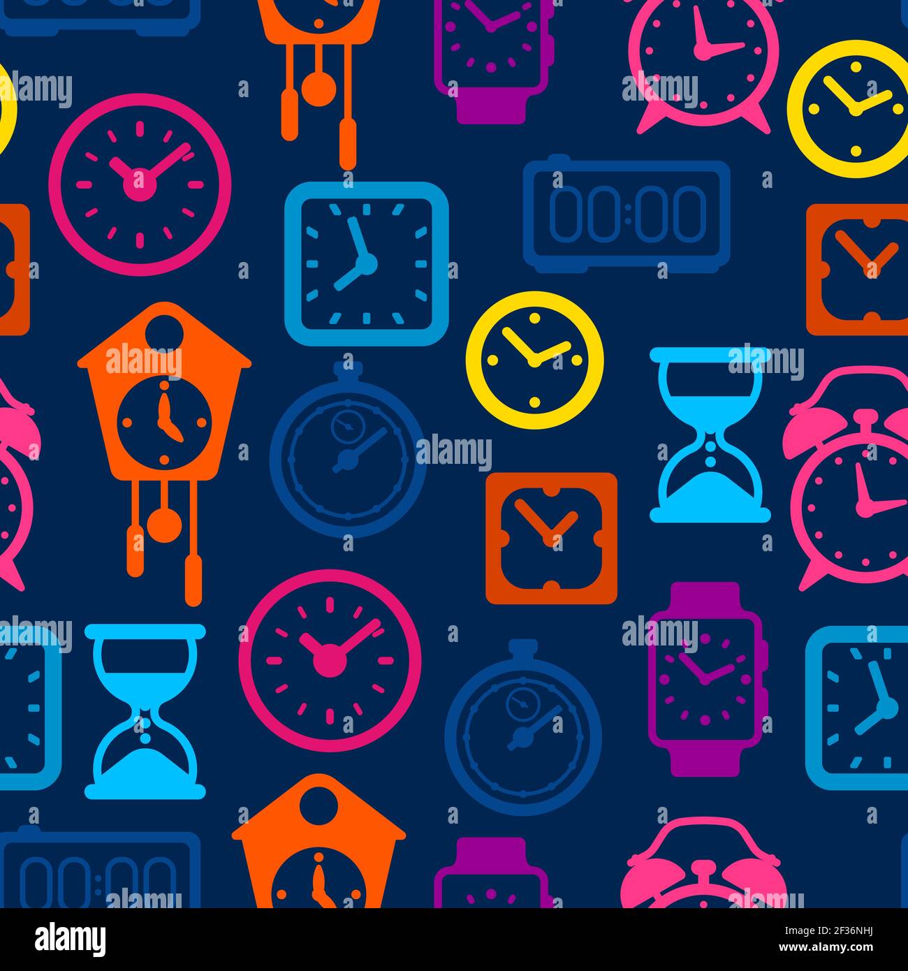 Seamless pattern with different clocks. Stylized icons for design and ...