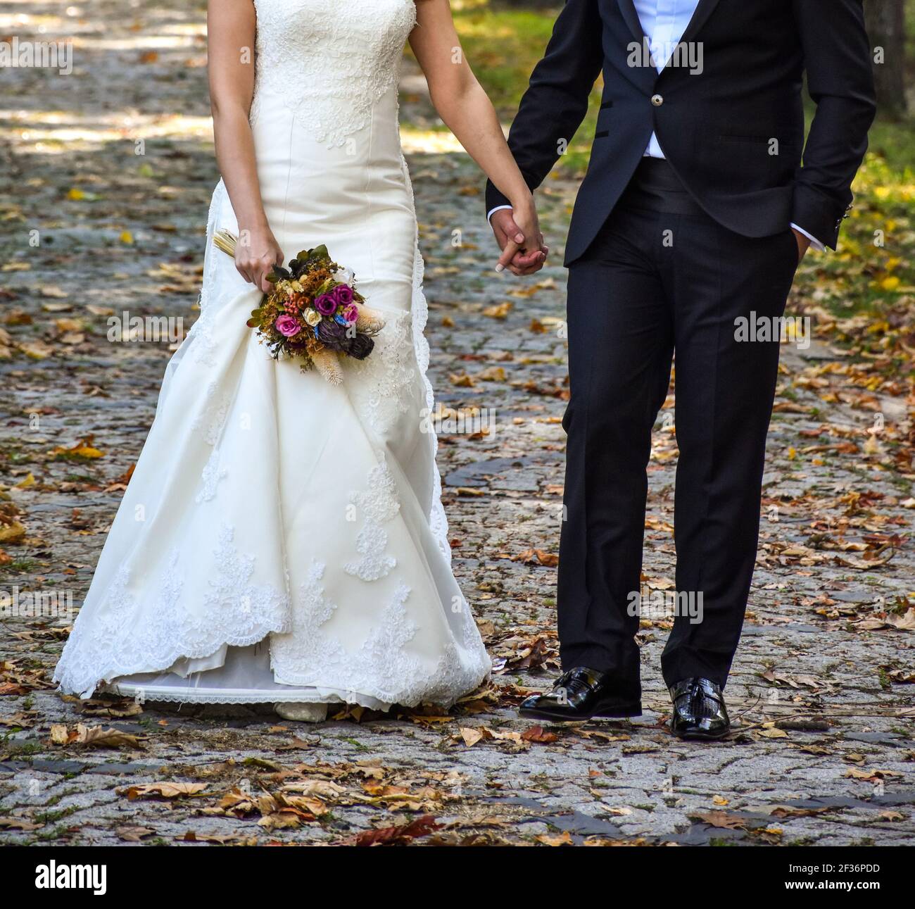 A romantic newly married couple in the garden, romance wedding day, no ...