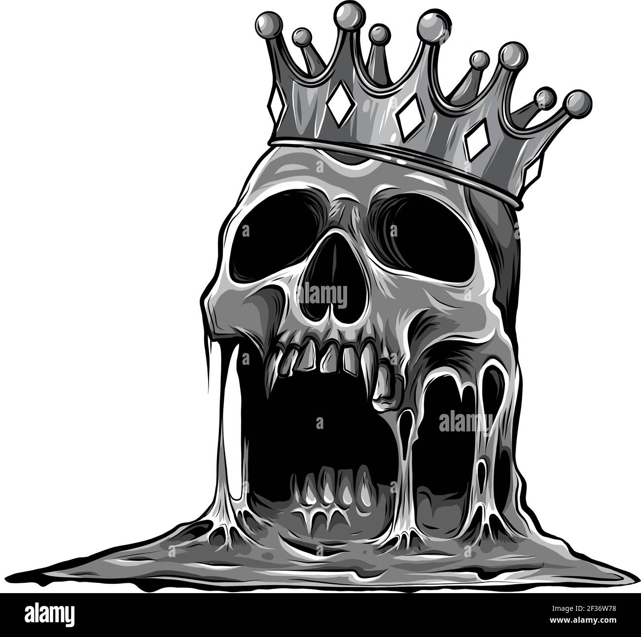 monochromatic Hand drawn king skull wearing crown. Vector illustration ...