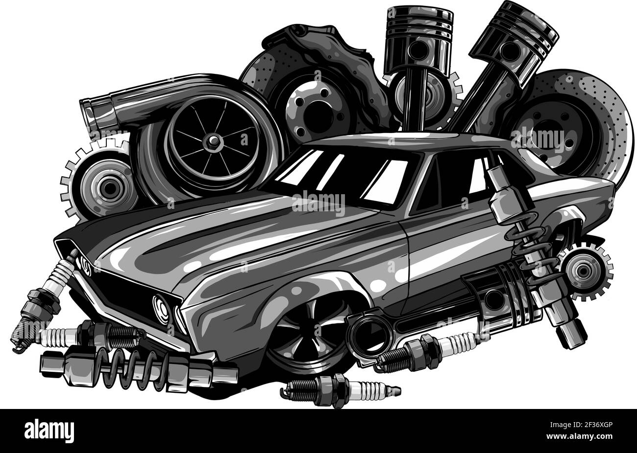 monochromatic Vintage car components collection witn automobile motor ...
