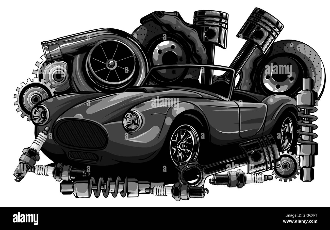 monochromatic Vintage car components collection witn automobile motor ...