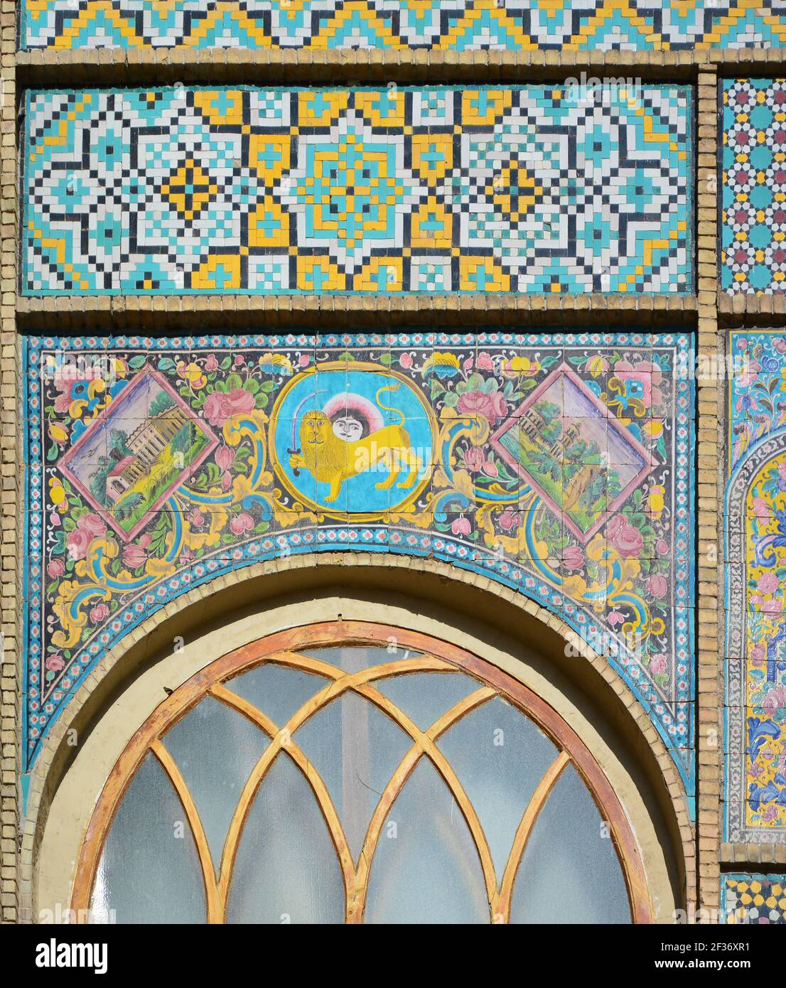 Golestan Palace, Tehran. Detail with window and tiled mosaid murals ...
