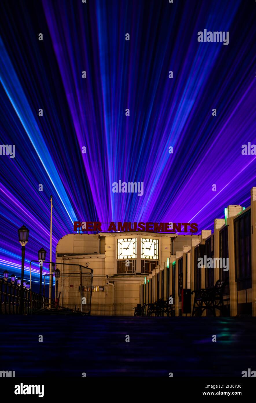 General view of Worthing Pier in West Sussex with a laser light show ...