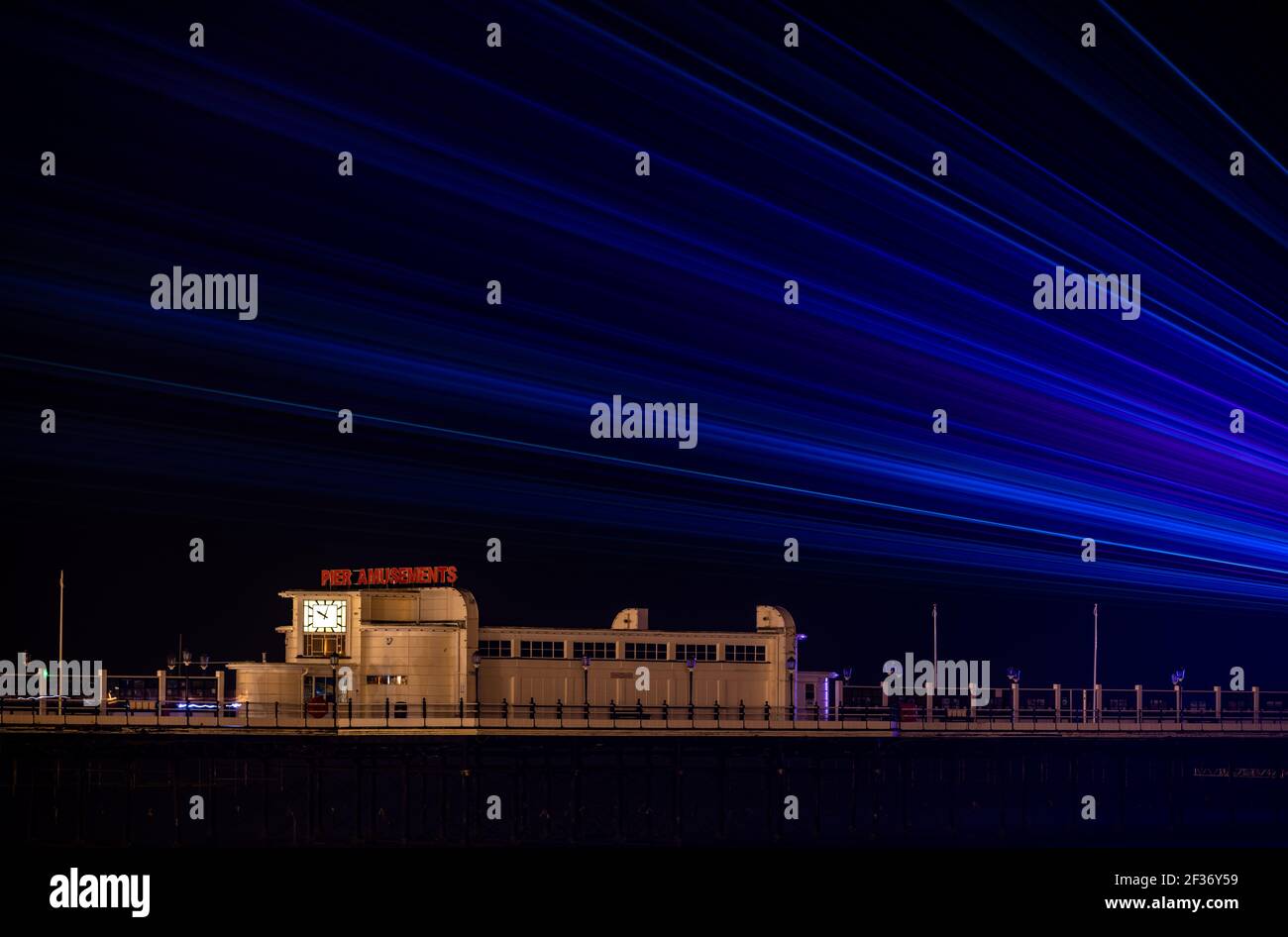 General view of Worthing Pier in West Sussex with a laser light show ...