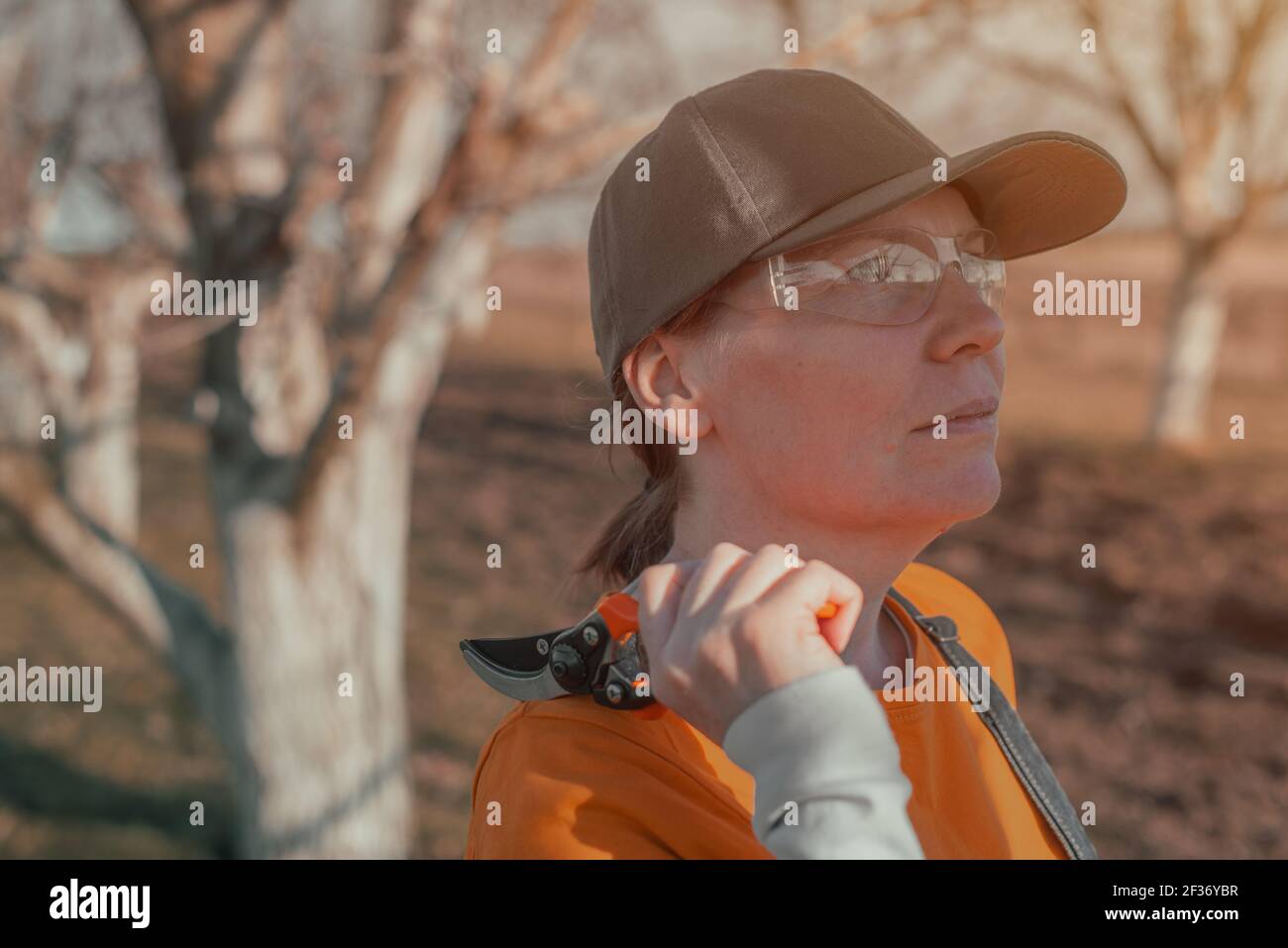 Female gardener posing with hand pruner in walnut orchard ready for ...