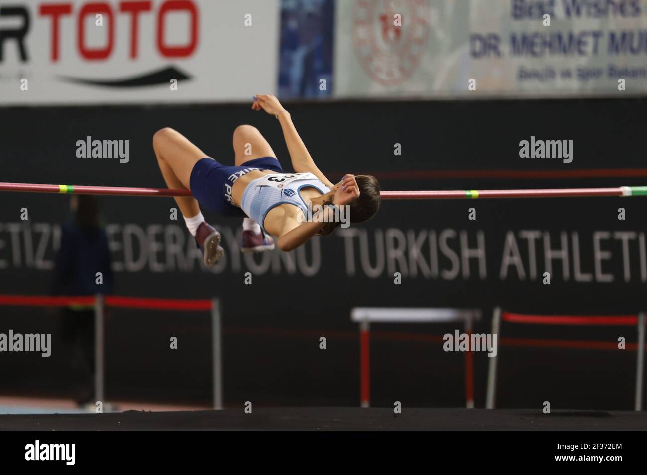 ISTANBUL, TURKEY - JANUARY 31, 2021: Undefined athlete high jumping ...