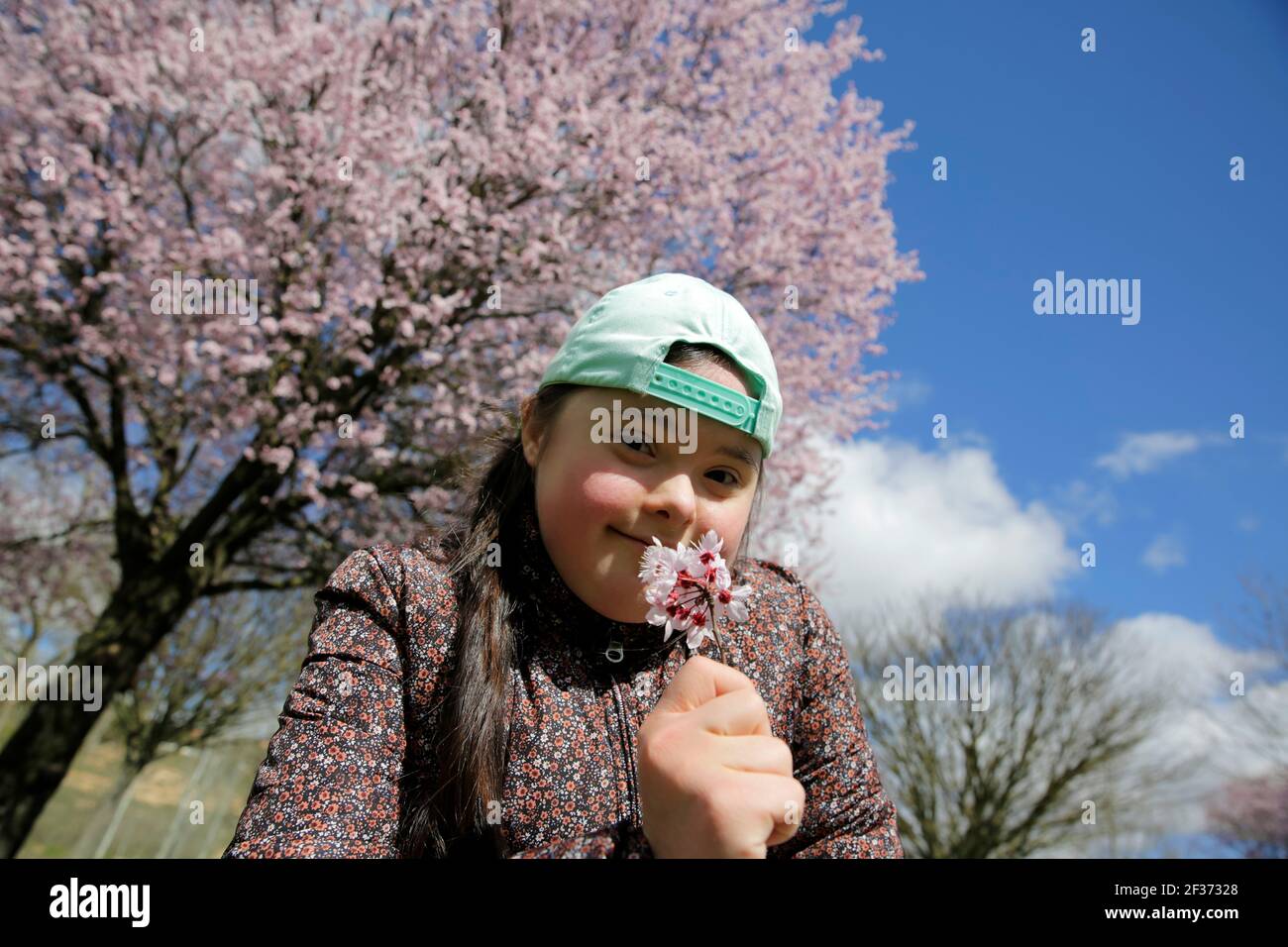 Young girl with spring flowers in her hand Stock Photo - Alamy