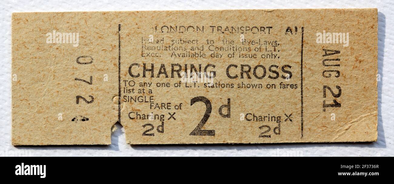 1950s London Transport Underground or Tube Train Ticket from Charing ...