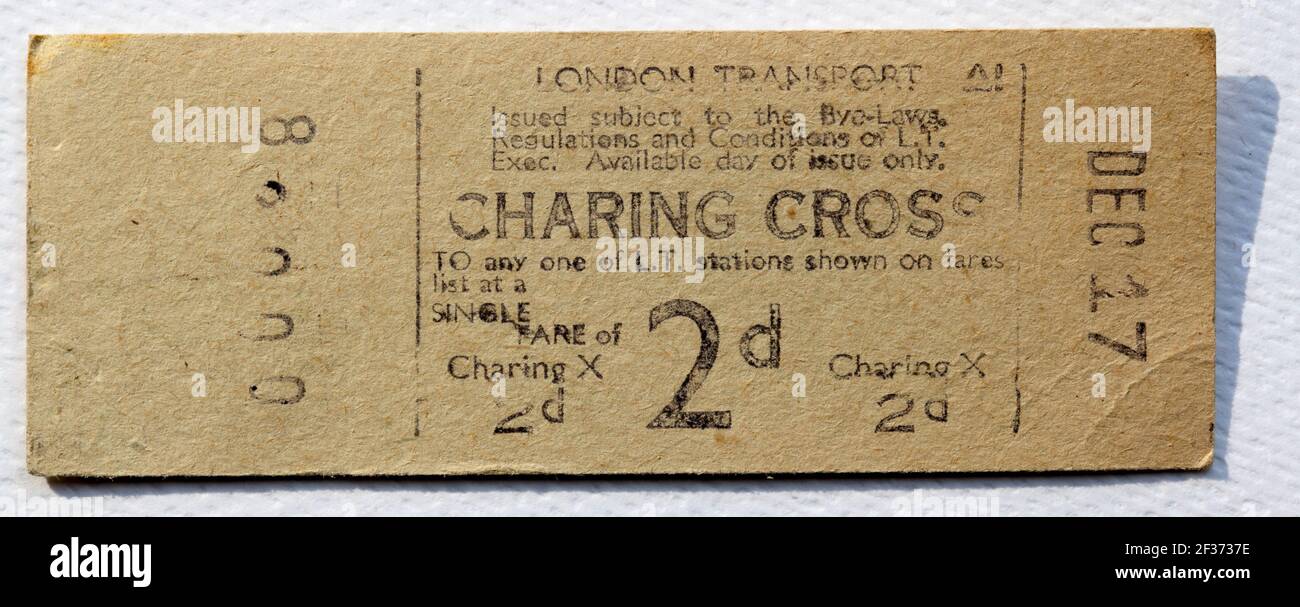 1950s London Transport Underground or Tube Train Ticket from Charing ...