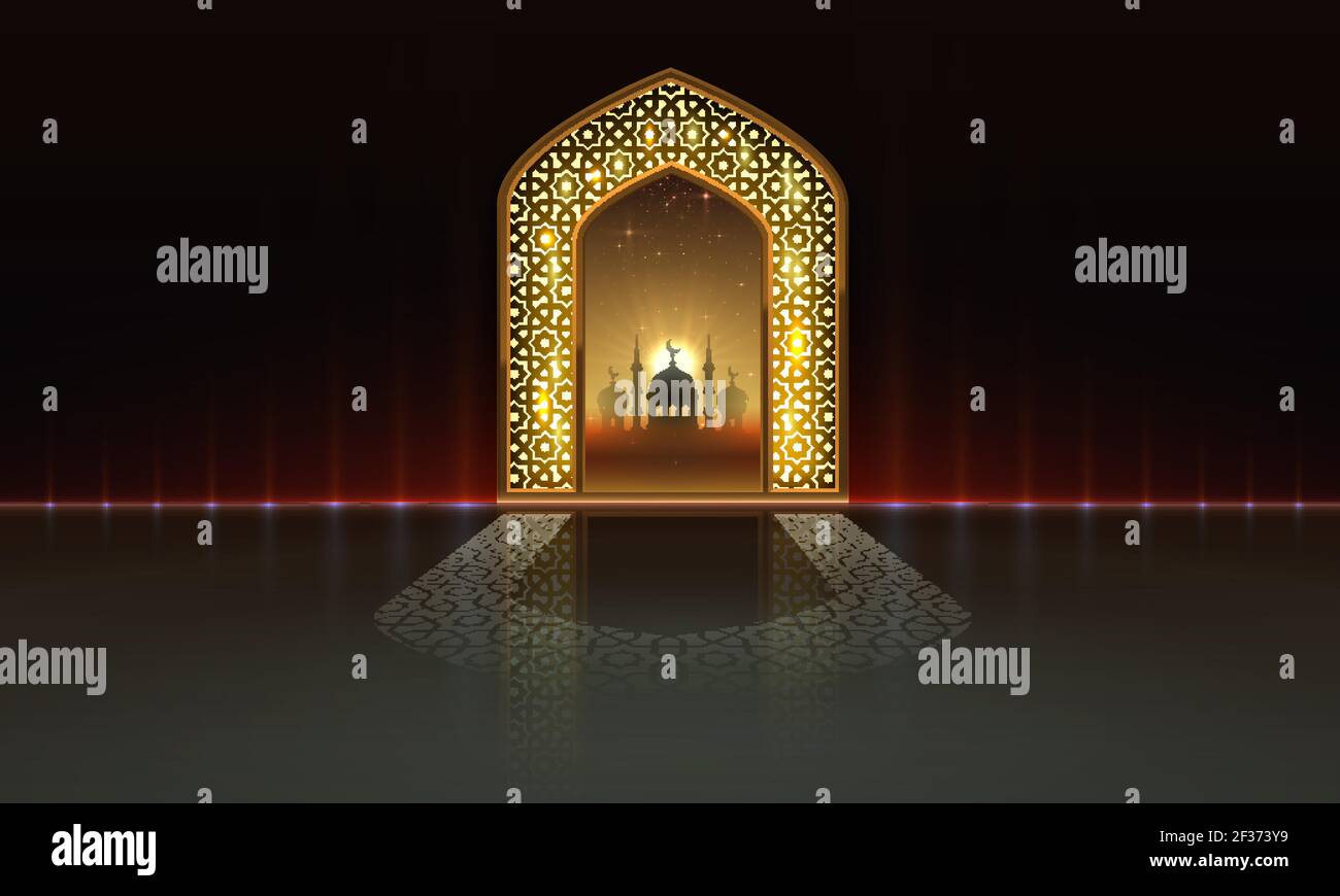 Ramadan cover card, Drawn mosque night view from arch background ...