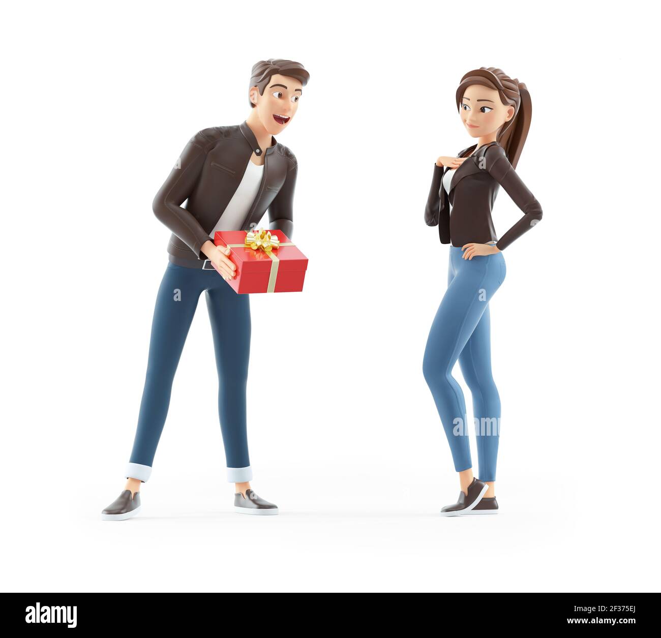 3d cartoon man offering gift to woman, illustration isolated on white ...