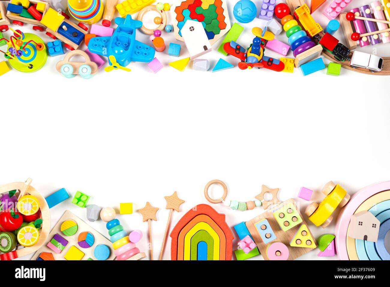 Baby kids toy frame. Colorful educational toys on white background. Top ...