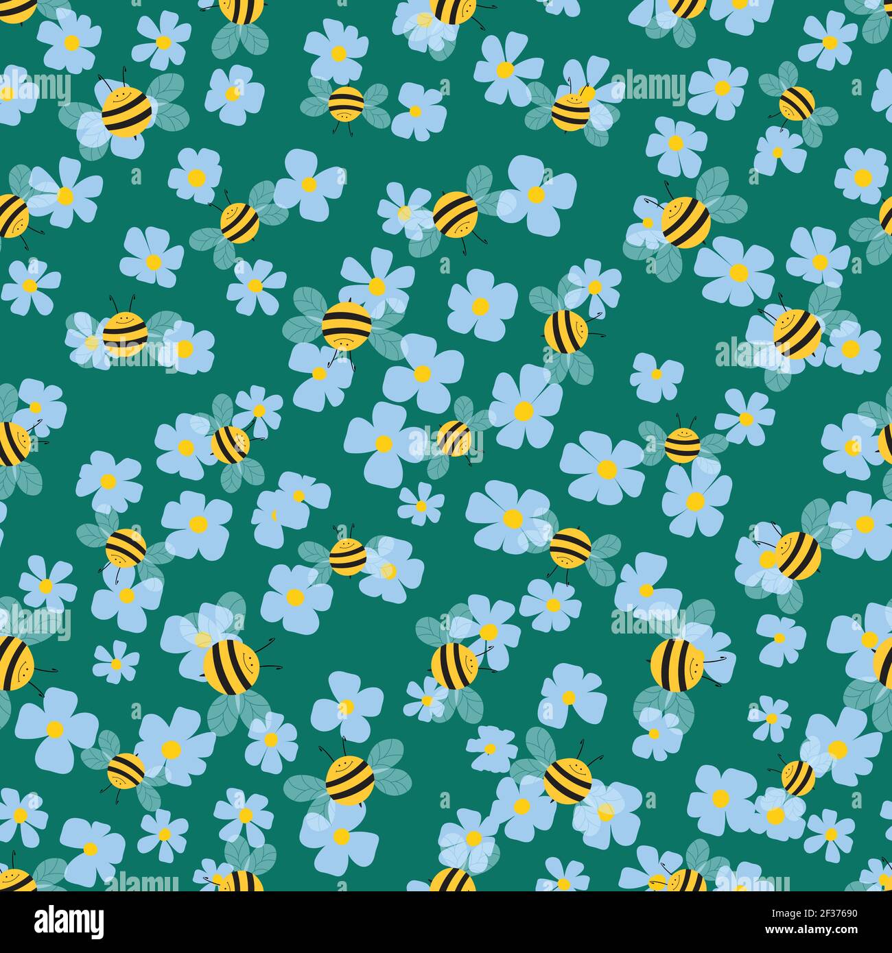 Seamless pattern with bees and flowers on color background. Adorable ...