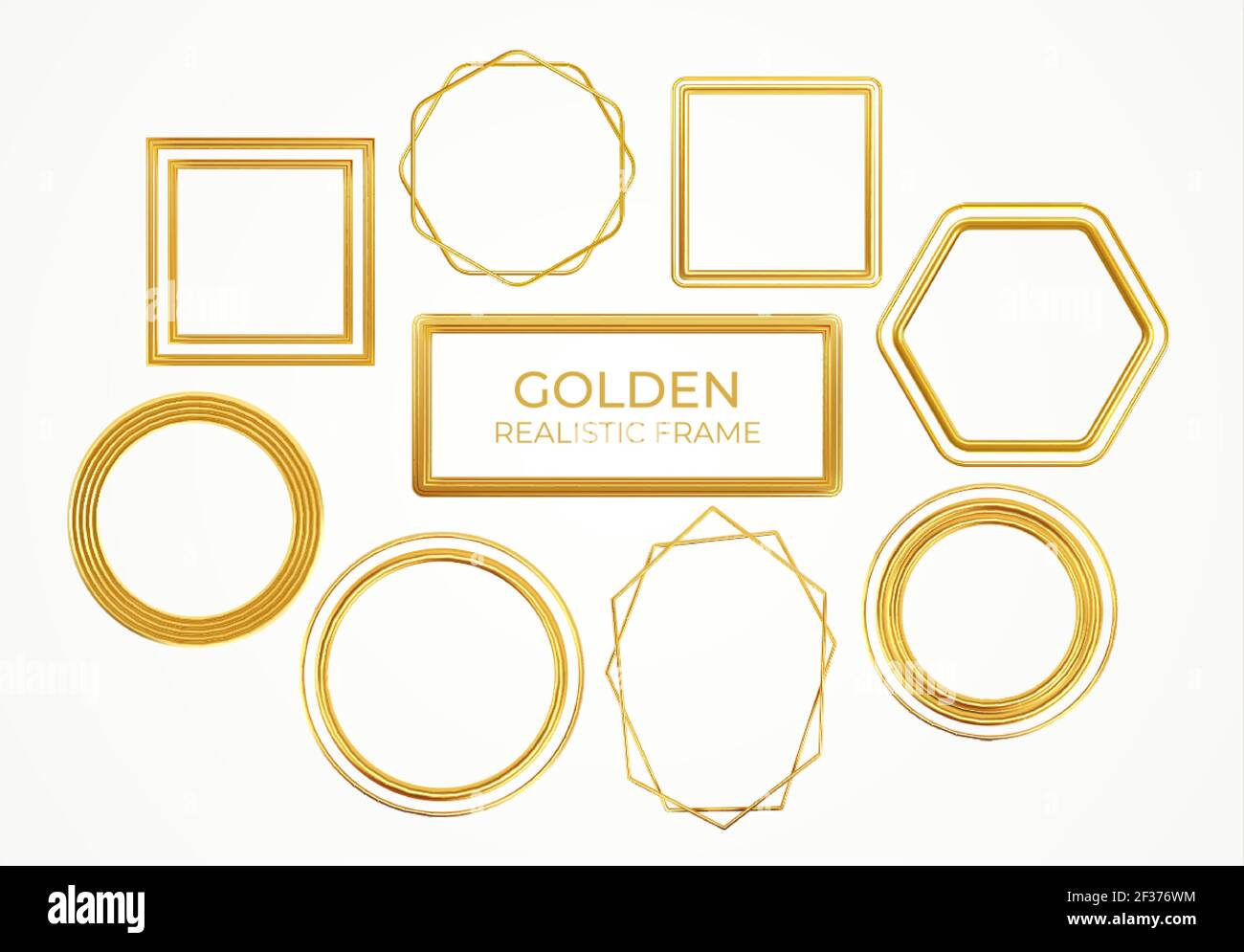 Set of gold metal realistic frames of different shapes isolated on ...