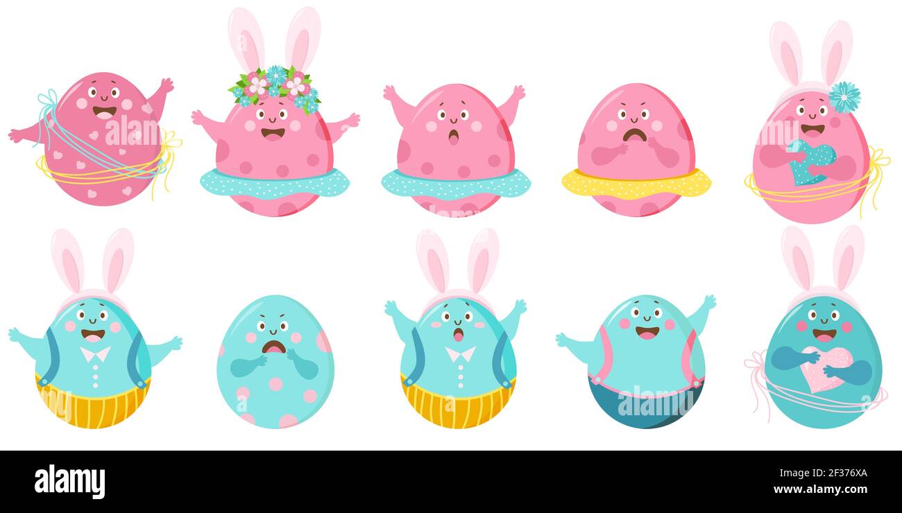 Happy easter. Set of colored Easter eggs with face, eyes and hands and ...