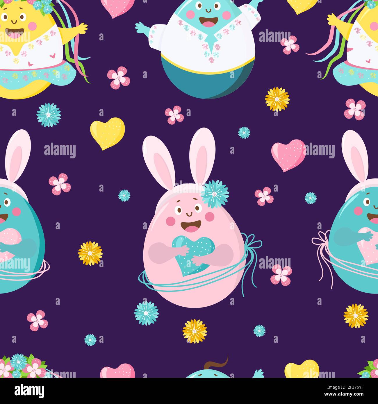 Happy Easter seamless pattern. Funny Easter eggs - girls and boys with faces, emotions and hands ...