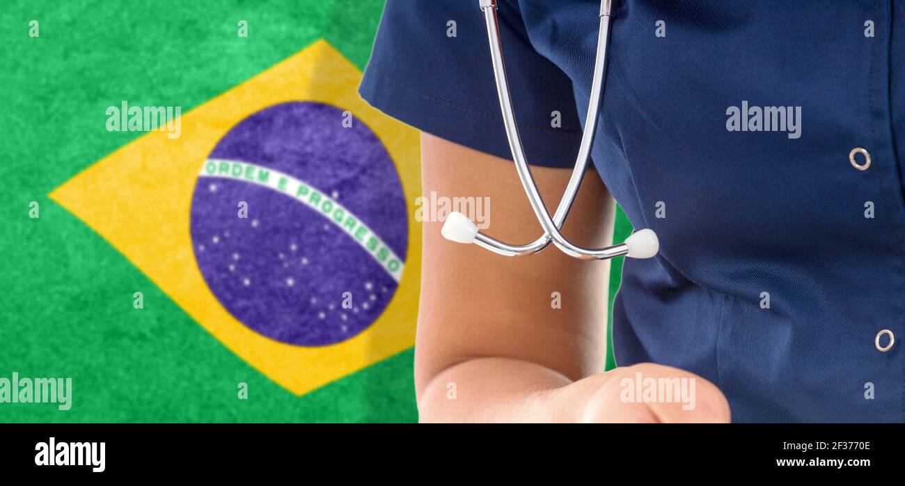 Brazil flag female doctor with stethoscope, national healthcare system ...