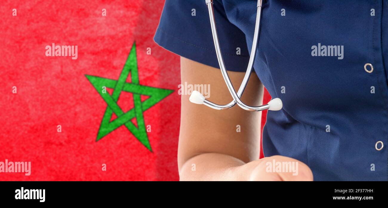 Morocco flag female doctor with stethoscope, national healthcare system ...