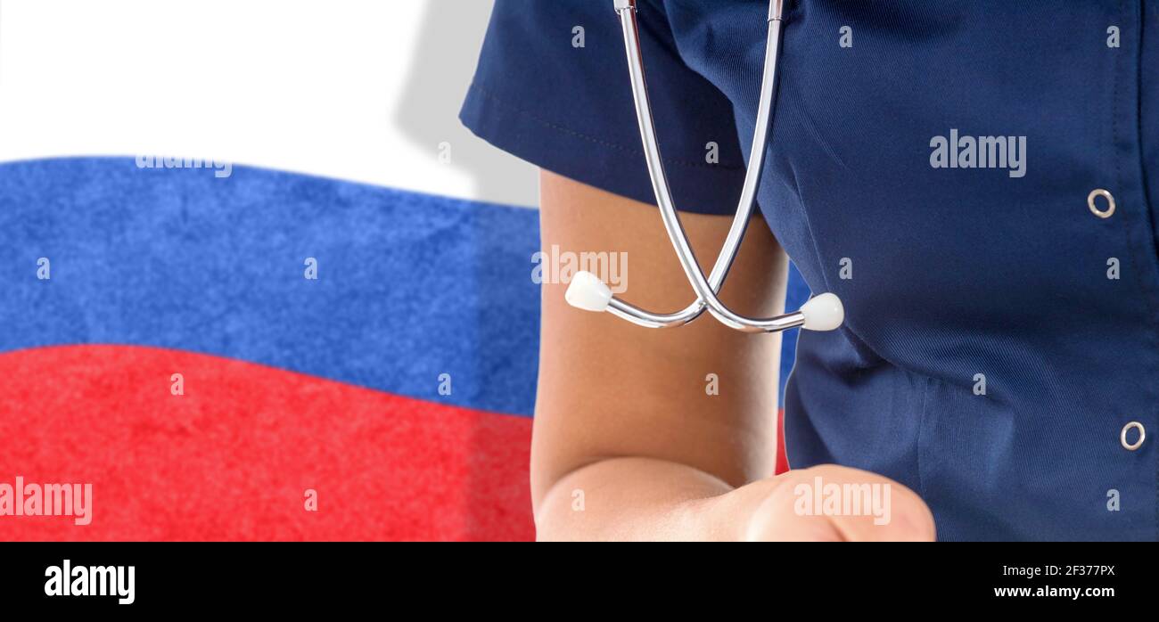 Russia flag female doctor with stethoscope, national healthcare system ...