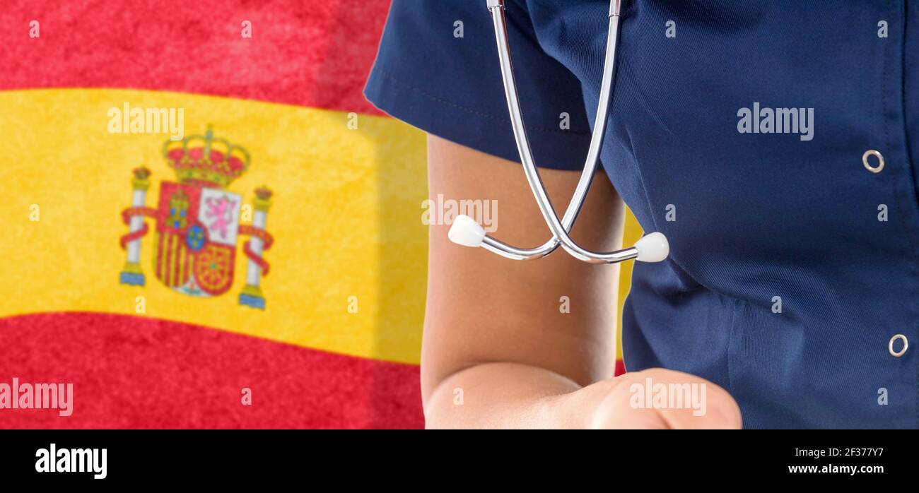 Spain flag female doctor with stethoscope, national healthcare system ...