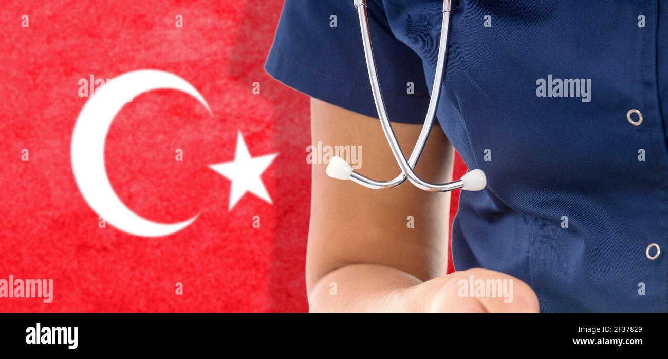 Turkey flag female doctor with stethoscope, national healthcare system ...