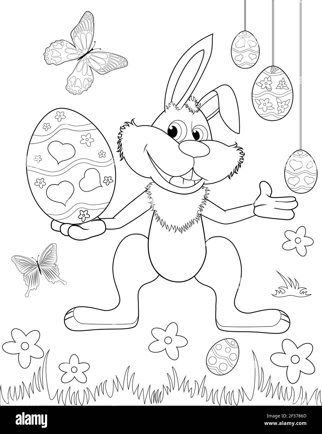 A sketch of an Easter bunny. Easter eggs. Black outlines on a white ...