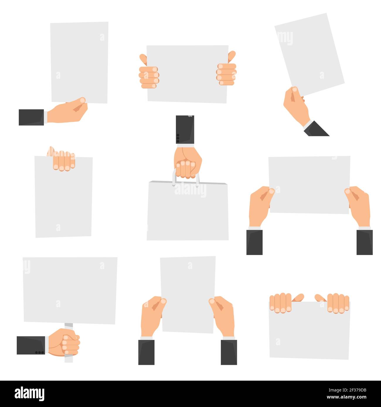 Flat hands holding empty signs or hands with blank paper. Vector ...