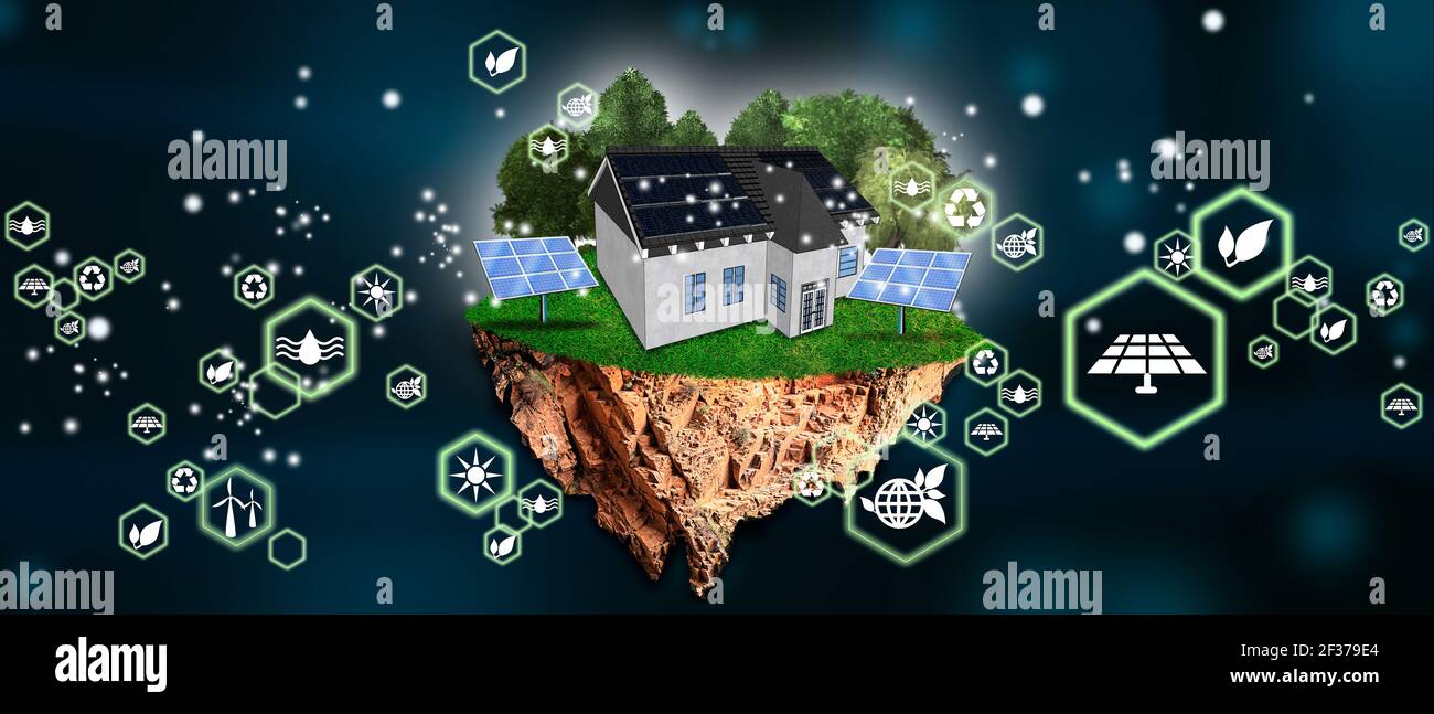 Island with house with solar panels and trees, grass as renewable ...