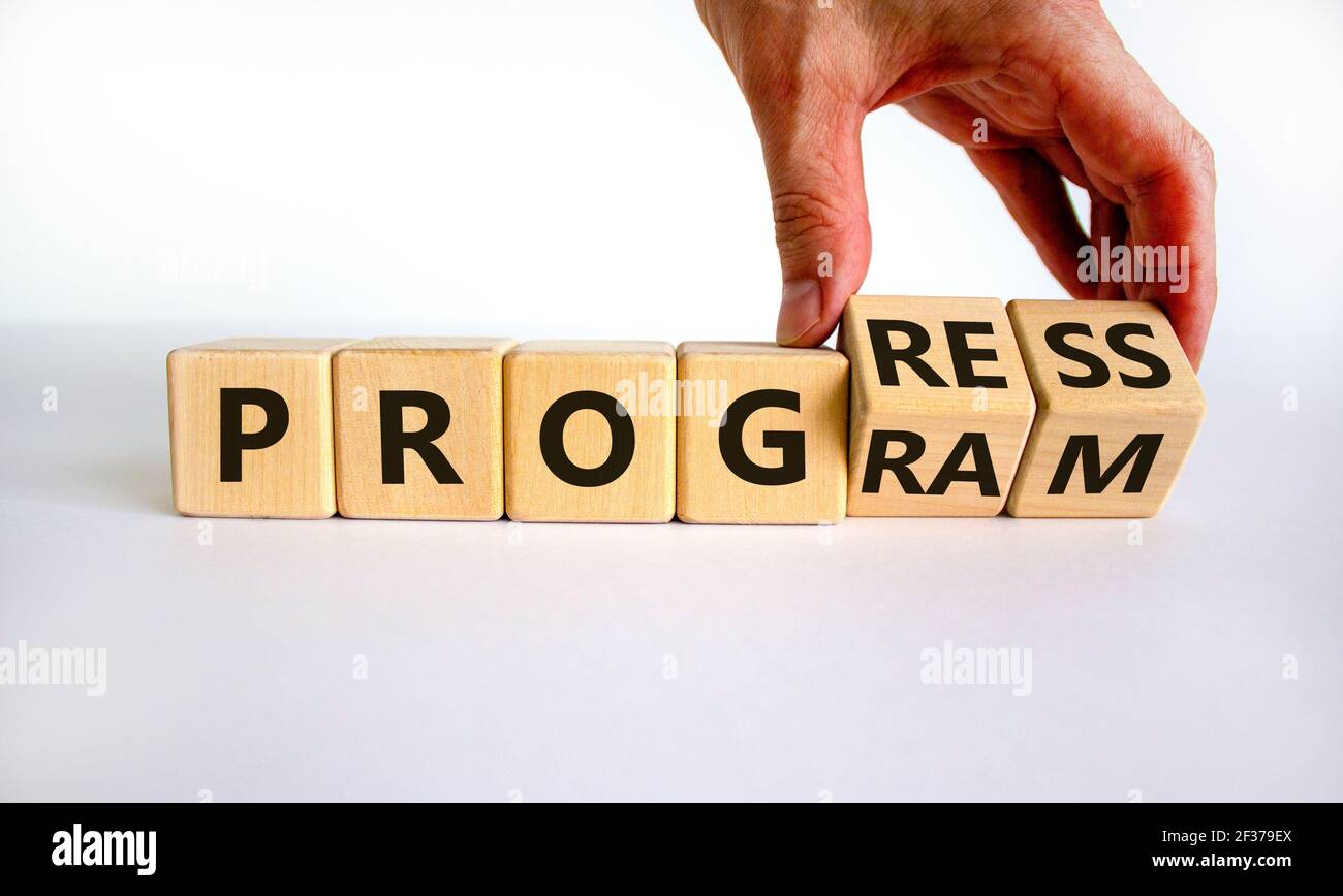 Progress and program symbol. Businessman turns wooden cubes and changes ...