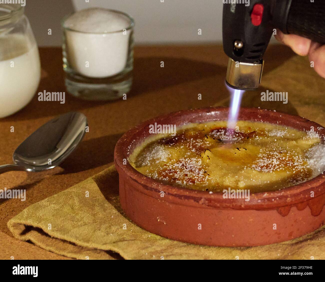 Burn portion of crema catalana dessert and decorated with its ...