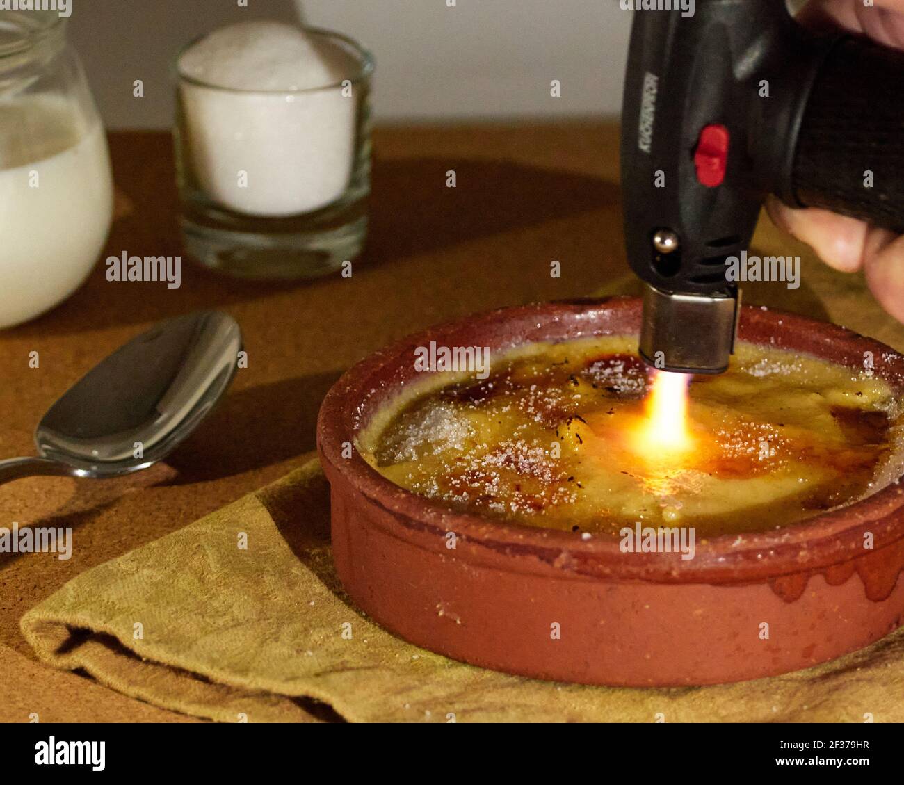 Burn portion of crema catalana dessert and decorated with its ...