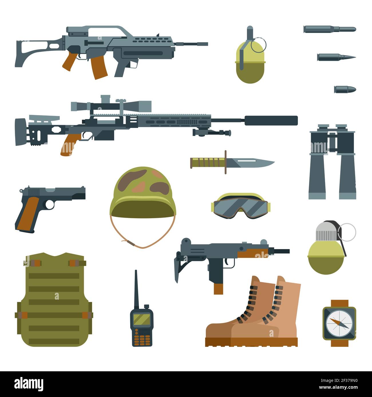 Military armor and weapon guns icons flat set. Automatic weapon and ...