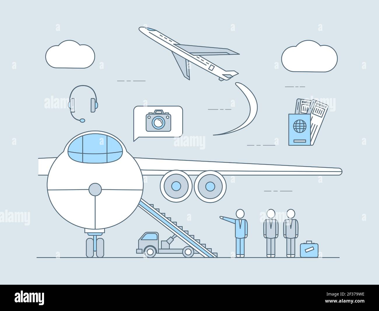 Air travel application vector outline illustration. Plane with ramp ...