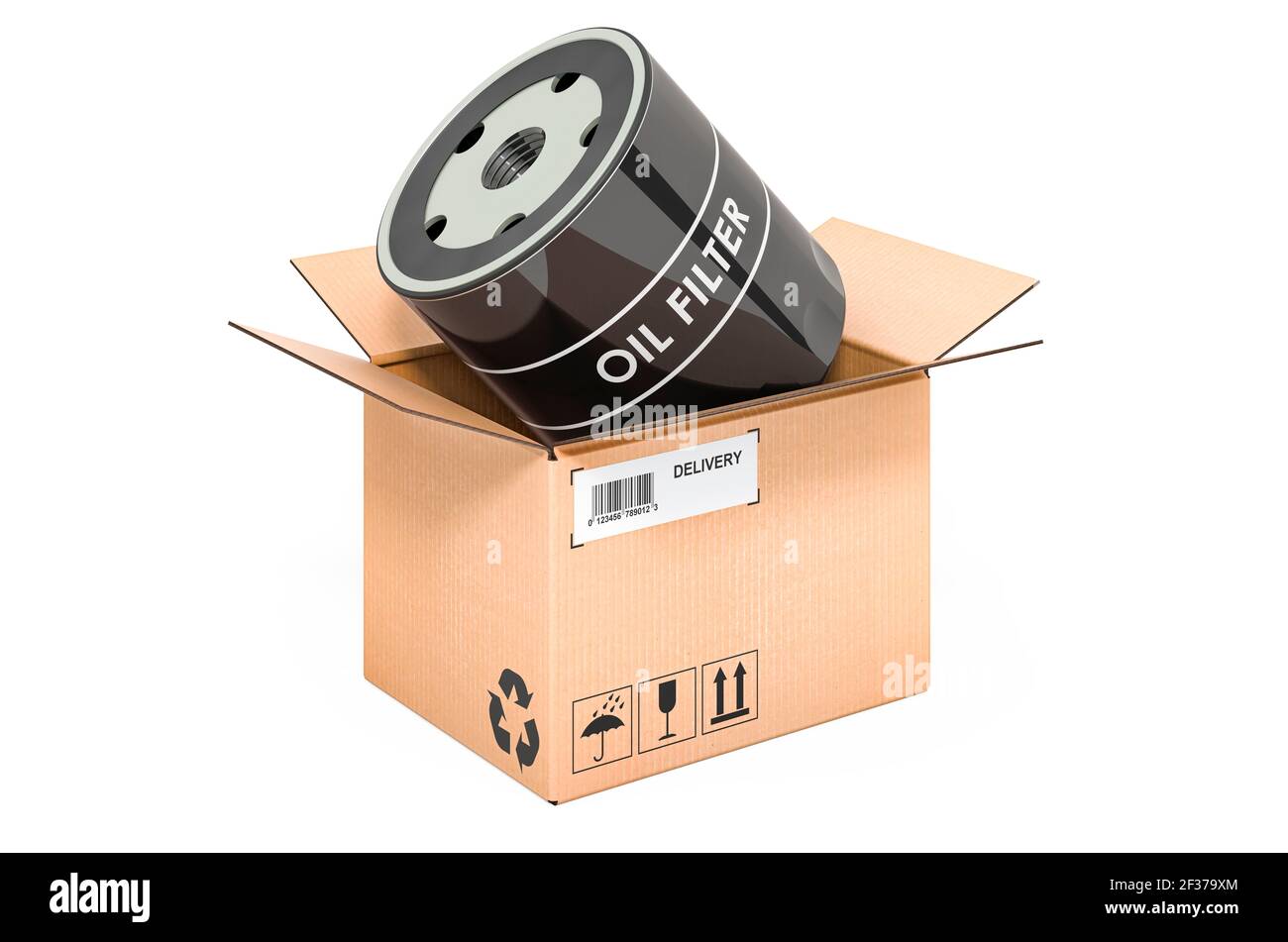 Car oil filter inside cardboard box, delivery concept. 3D rendering ...