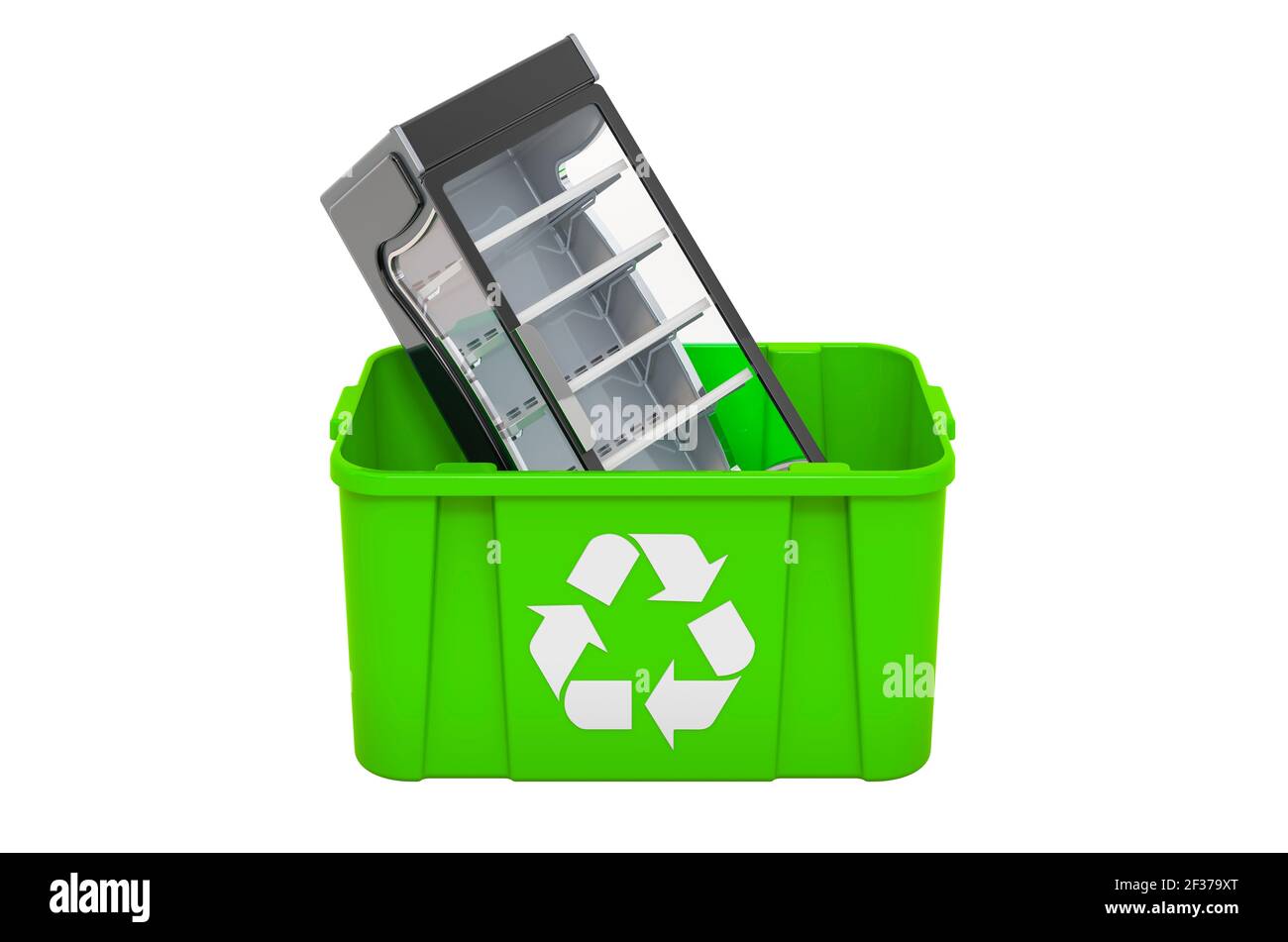Recycling trashcan with display case showcase, 3D rendering isolated on ...