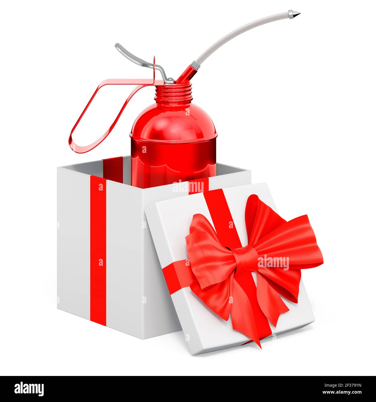 Oil can, oiler inside gift box, present concept. 3D rendering isolated ...