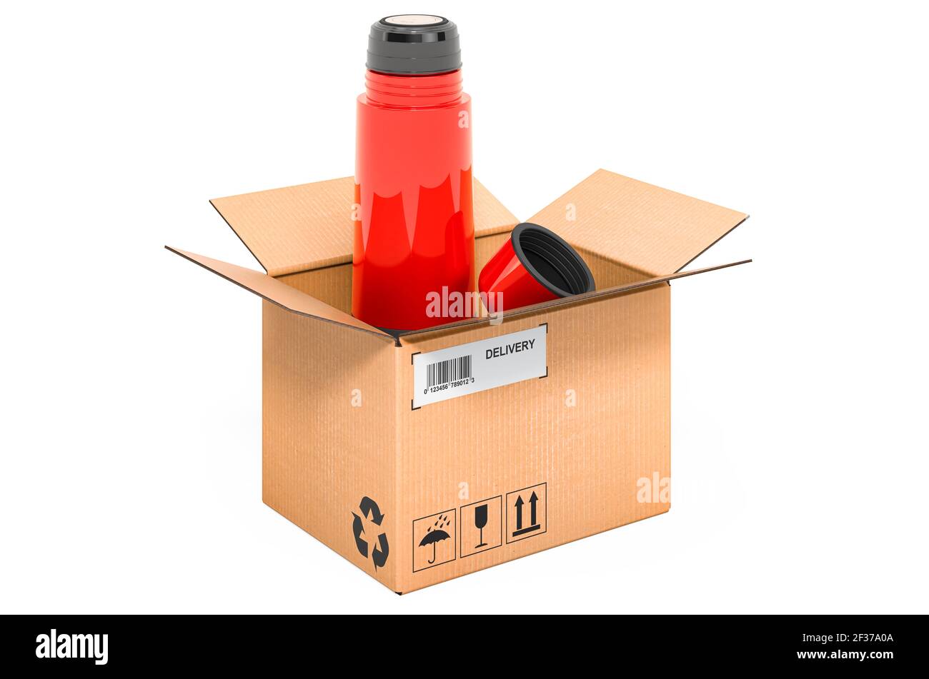 Vacuum flask, thermos inside cardboard box, delivery concept. 3D ...