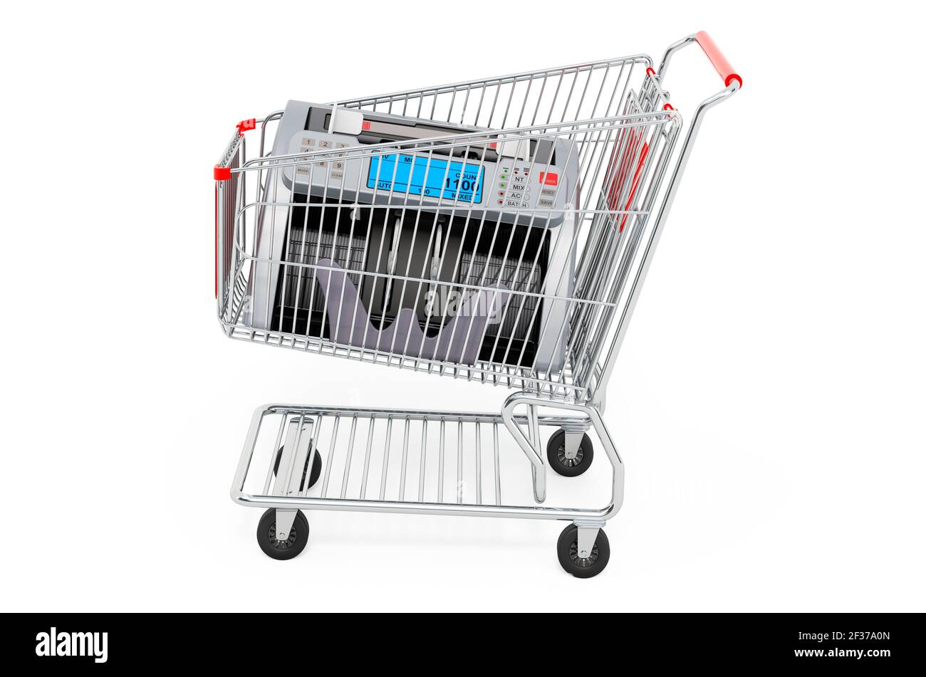 Shopping cart with banknote counter. 3D rendering isolated on white ...