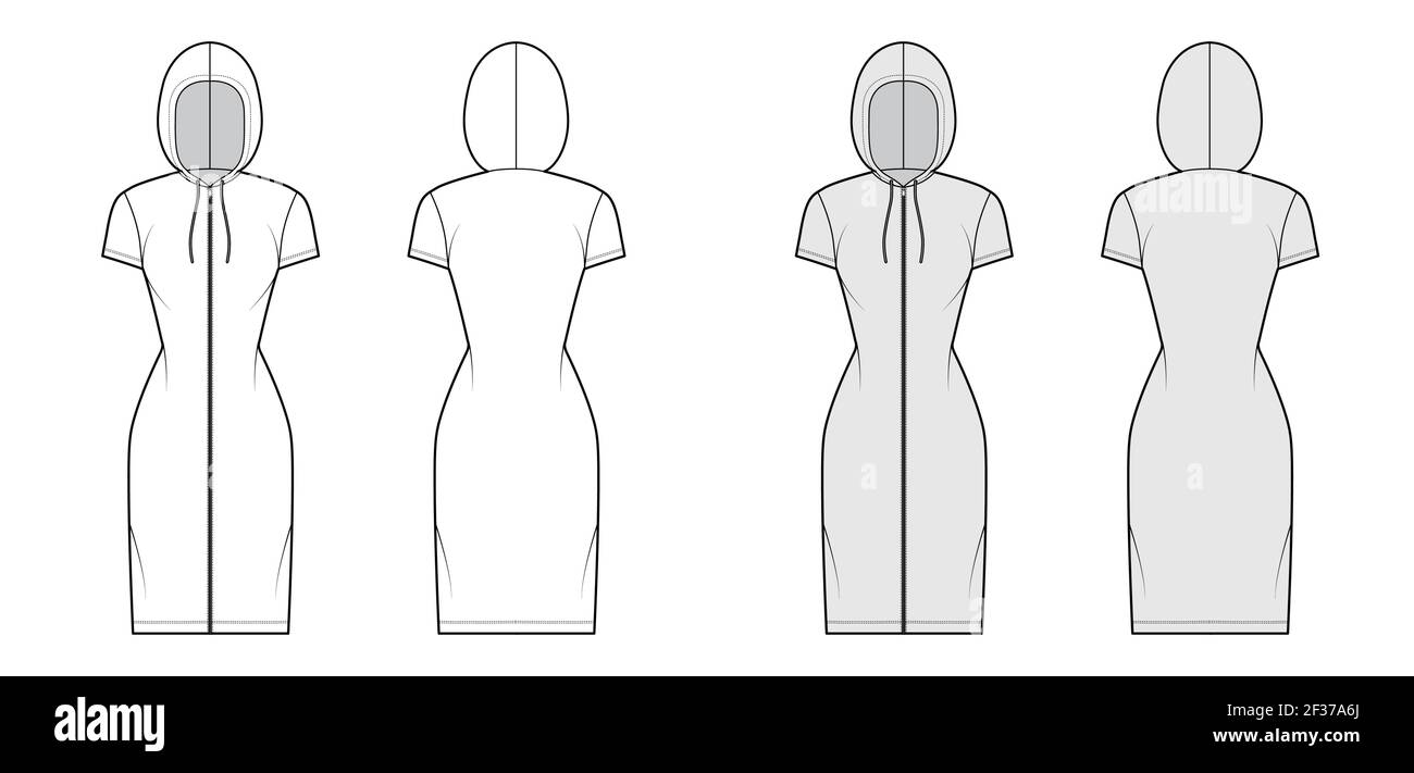 Zip-up Hoody dress technical fashion illustration with short sleeves ...