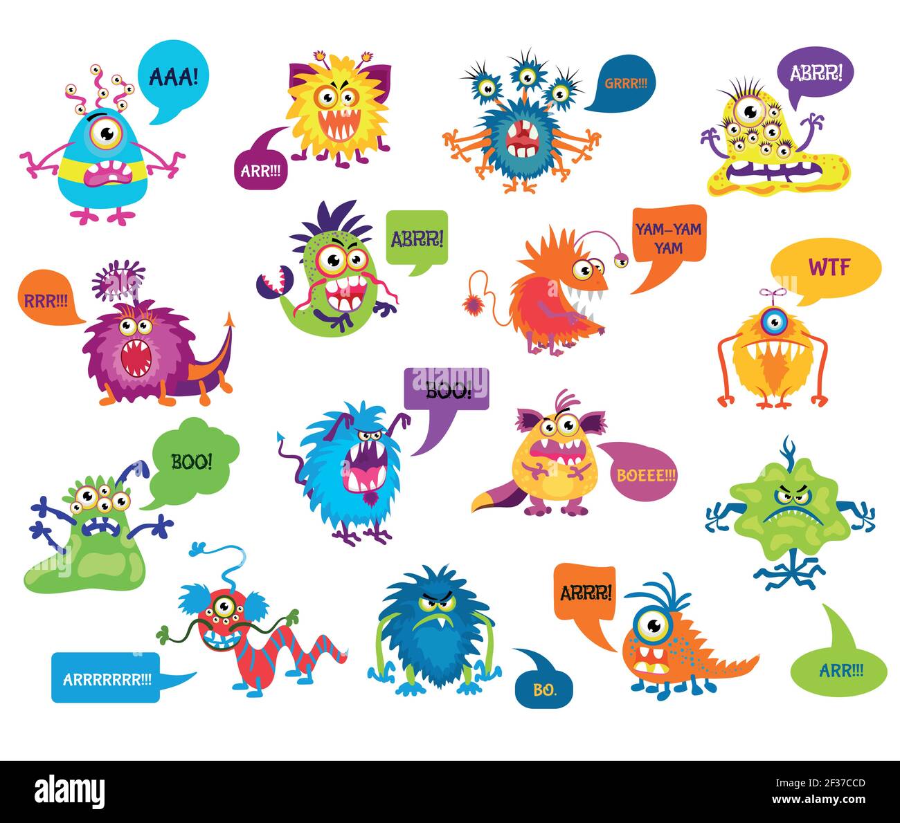 Cartoon silly monsters with funny inscriptions vector illustration ...