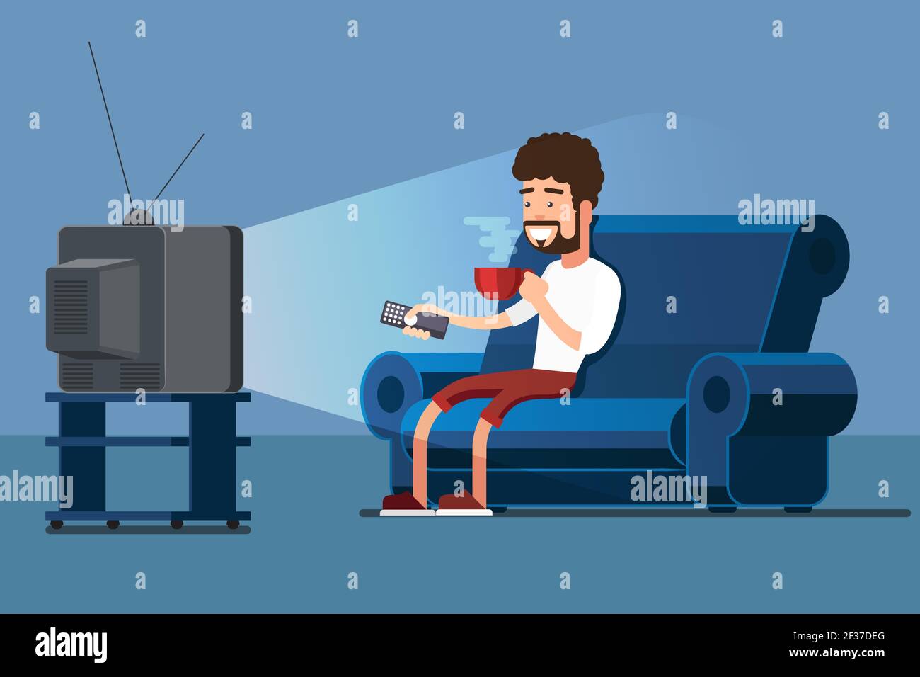 Man watches TV on sofa with coffee cup vector illustration. Watching TV ...