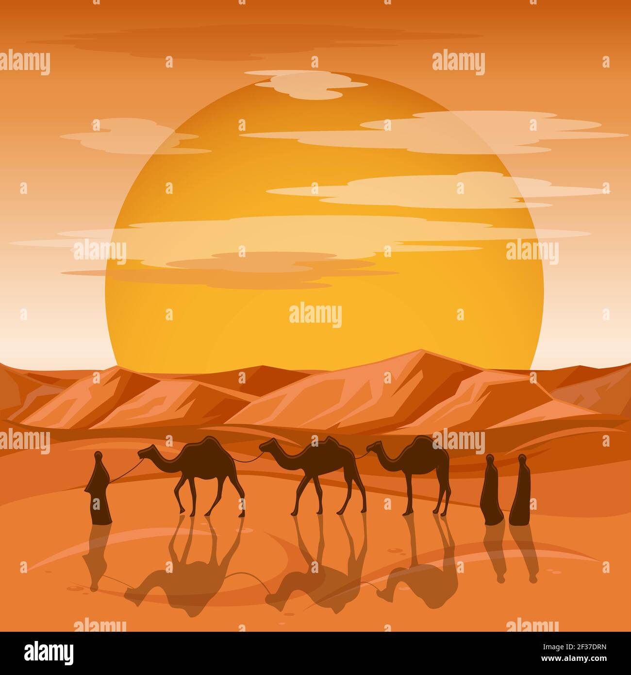 Caravan in desert vector background. Arab people and camels silhouettes ...