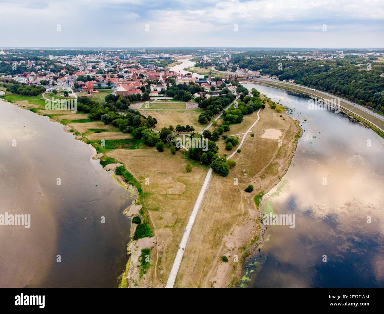Aerial view of confluence of Nemunas and Neris rivers in Kaunas old ...